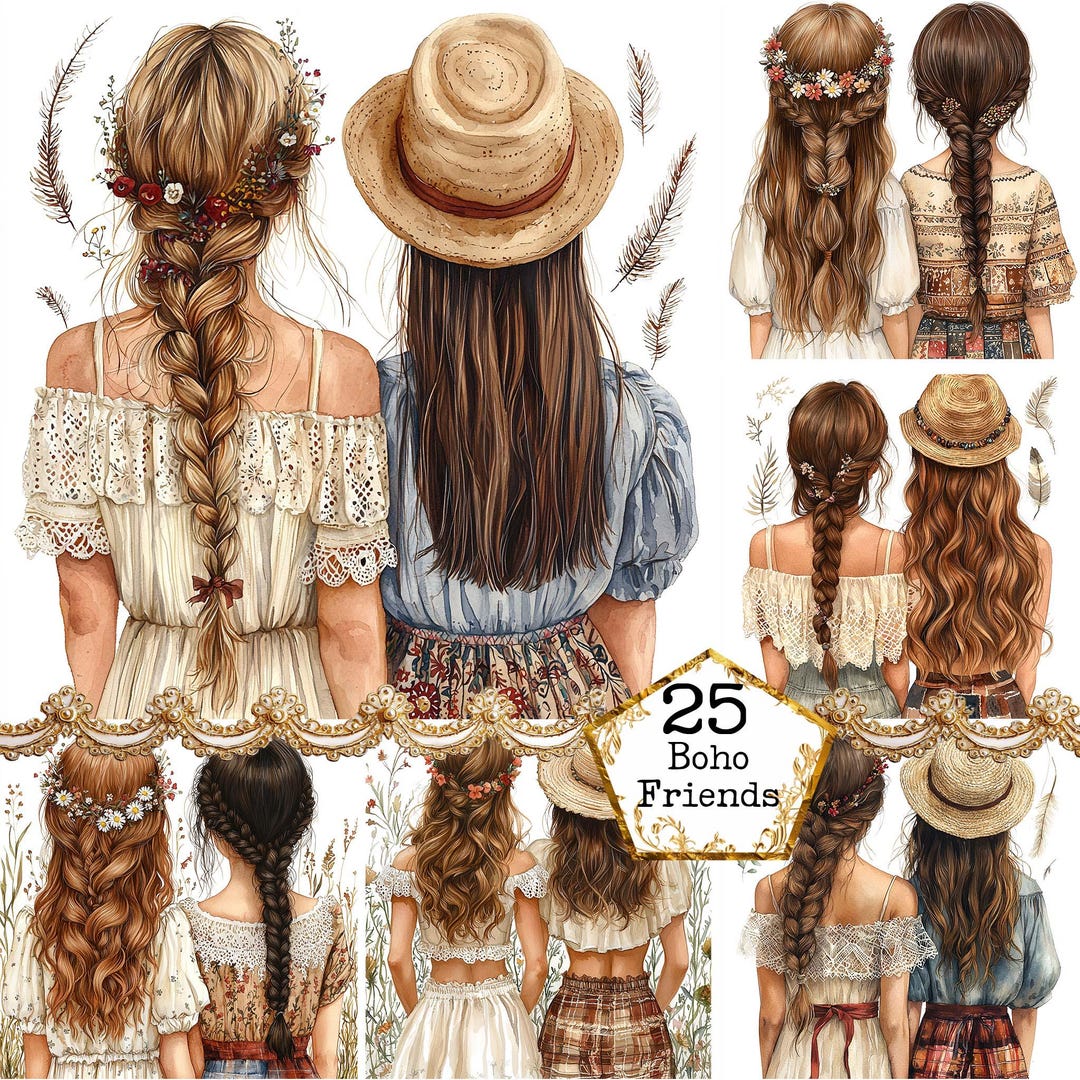 JPEG Watercolor Boho Best Friends Clipart Bundle Besties Friendship ...