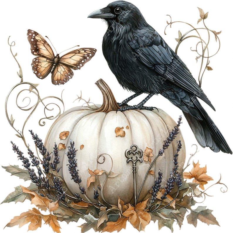PNG Overgrown Watercolor Pumpkins and Raven Clipart Bundle Fall Clipart ...