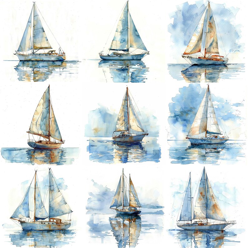 JPEG Watercolor Sailing Boat in the Sea JPEG Sailing Clipart Nautical ...
