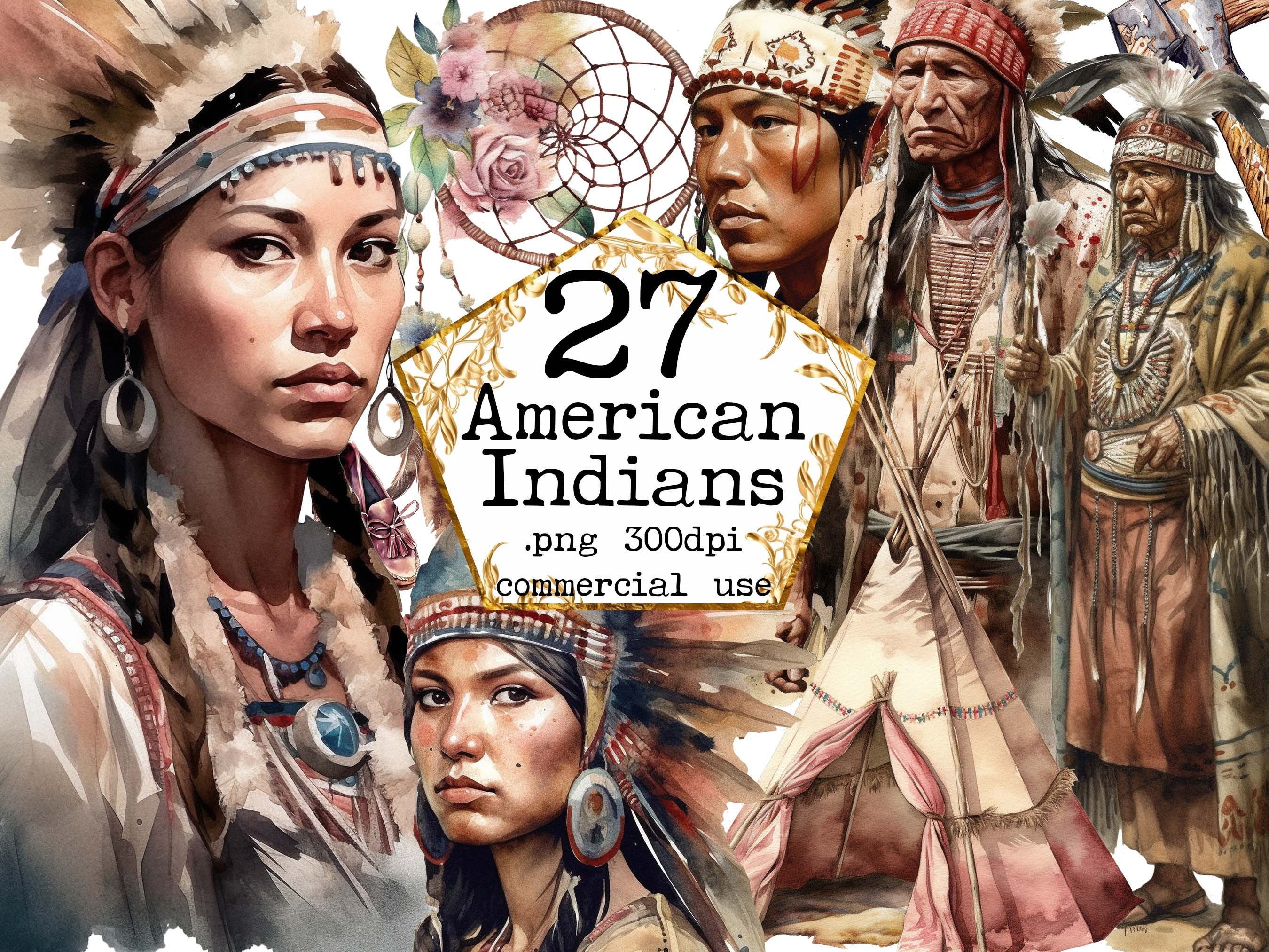 Native Americans Watercolor Clipart Png Illustration Set - Etsy