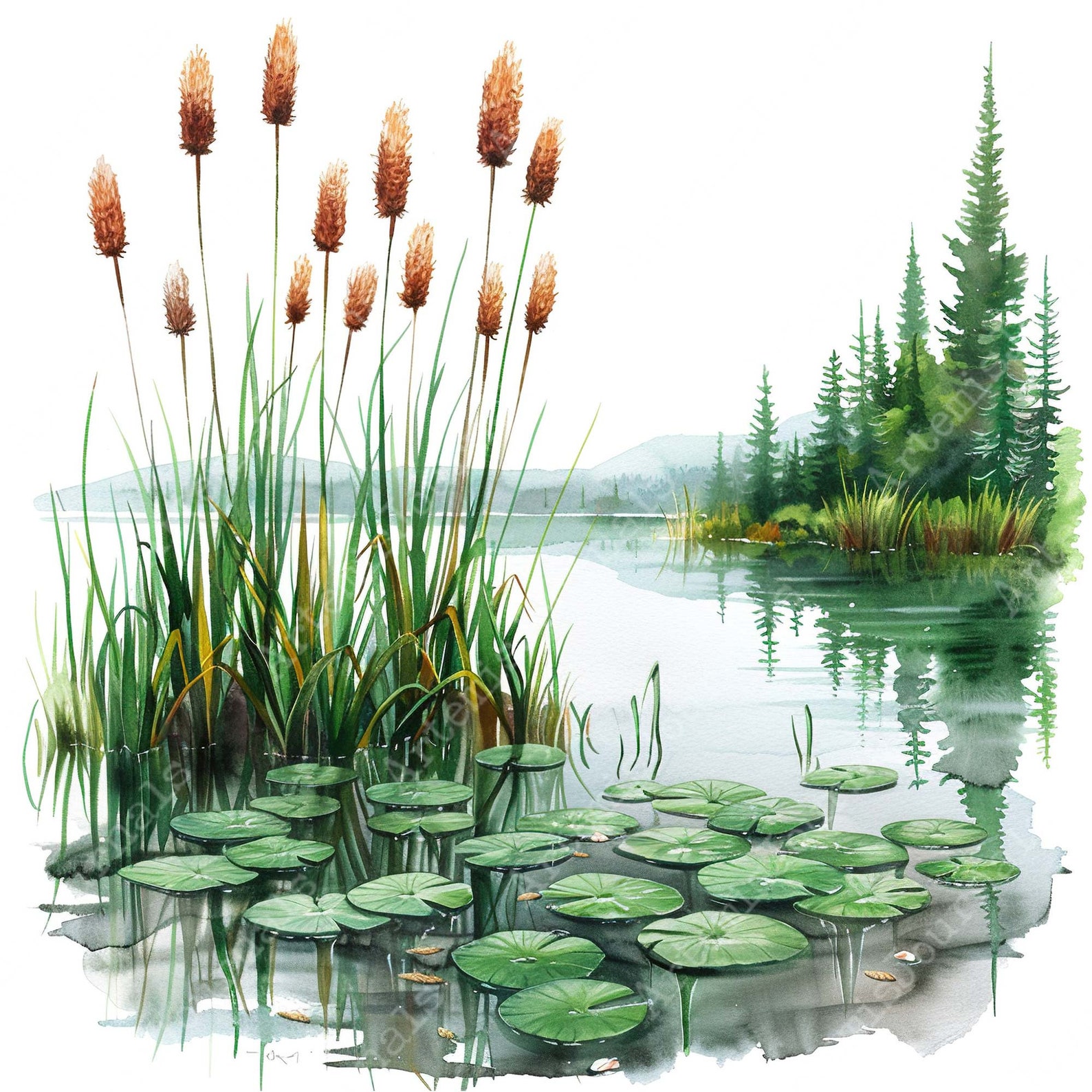 Watercolor Bulrush Pond Clipart JPEG Landscape Clipart Lake Clipart ...