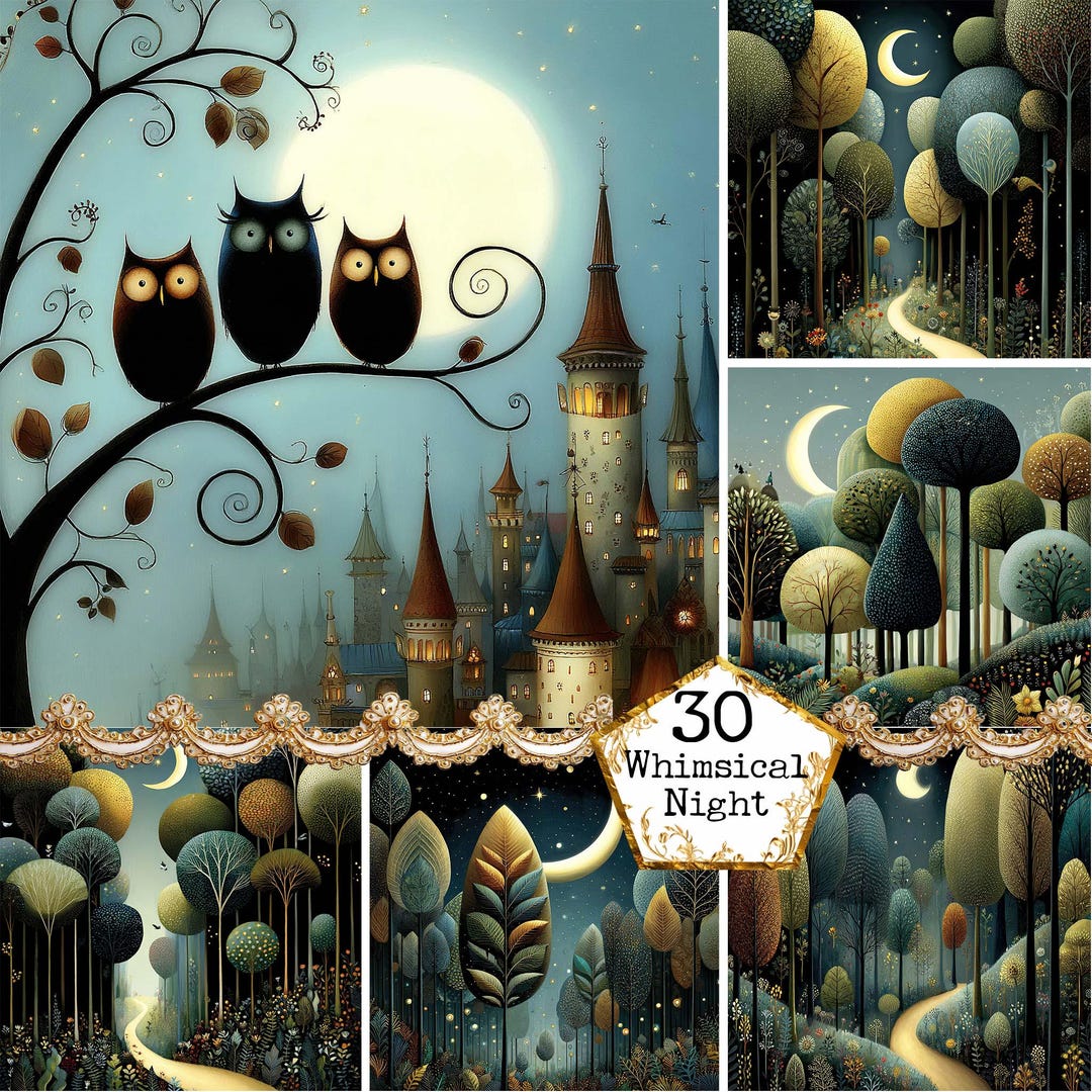 Whimsical Night Forest - Moon JPEG Clipart Bundle Instant Download ...