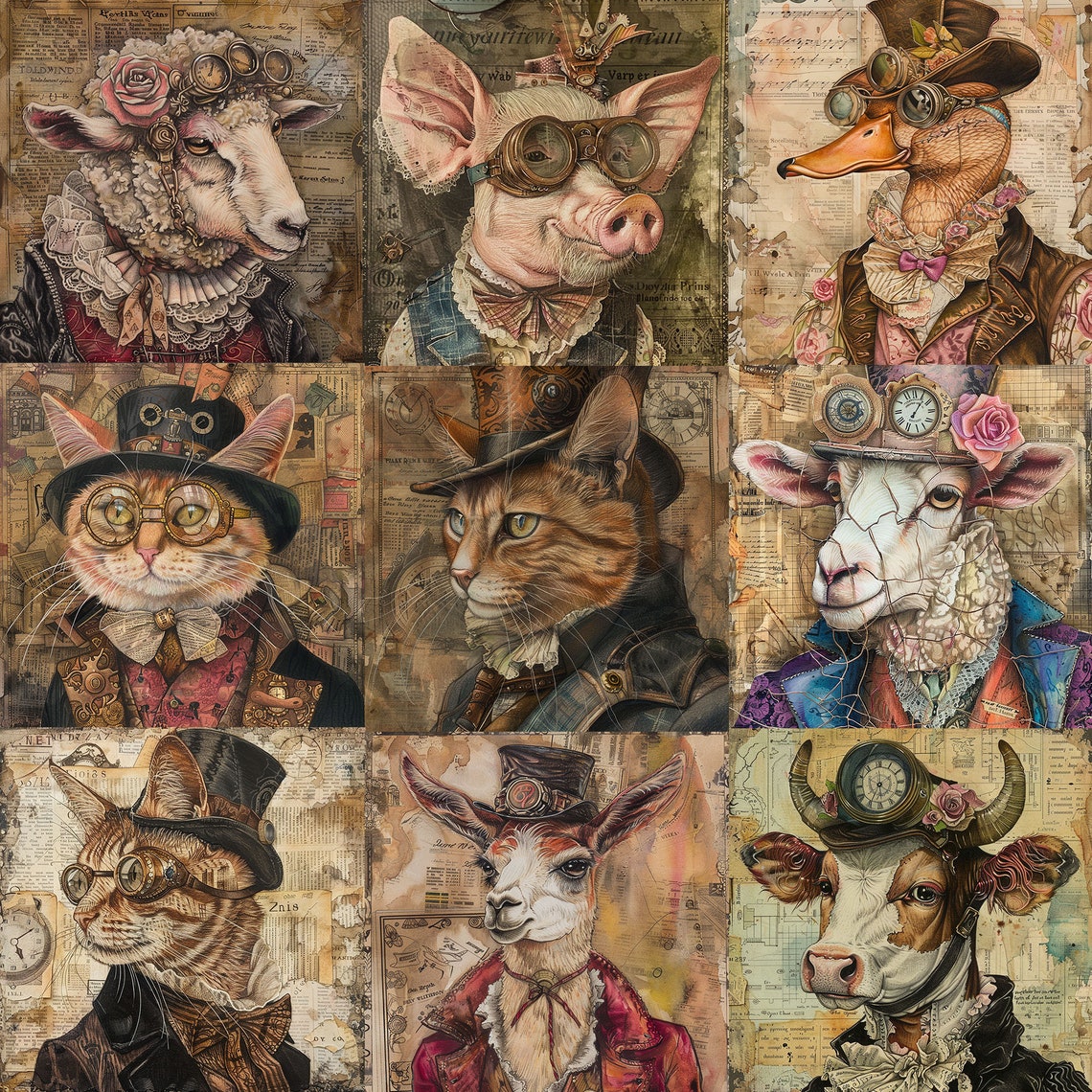 Steampunk Collage Sheet Farm Animals Paper Pack, Printable, Steampunk ...