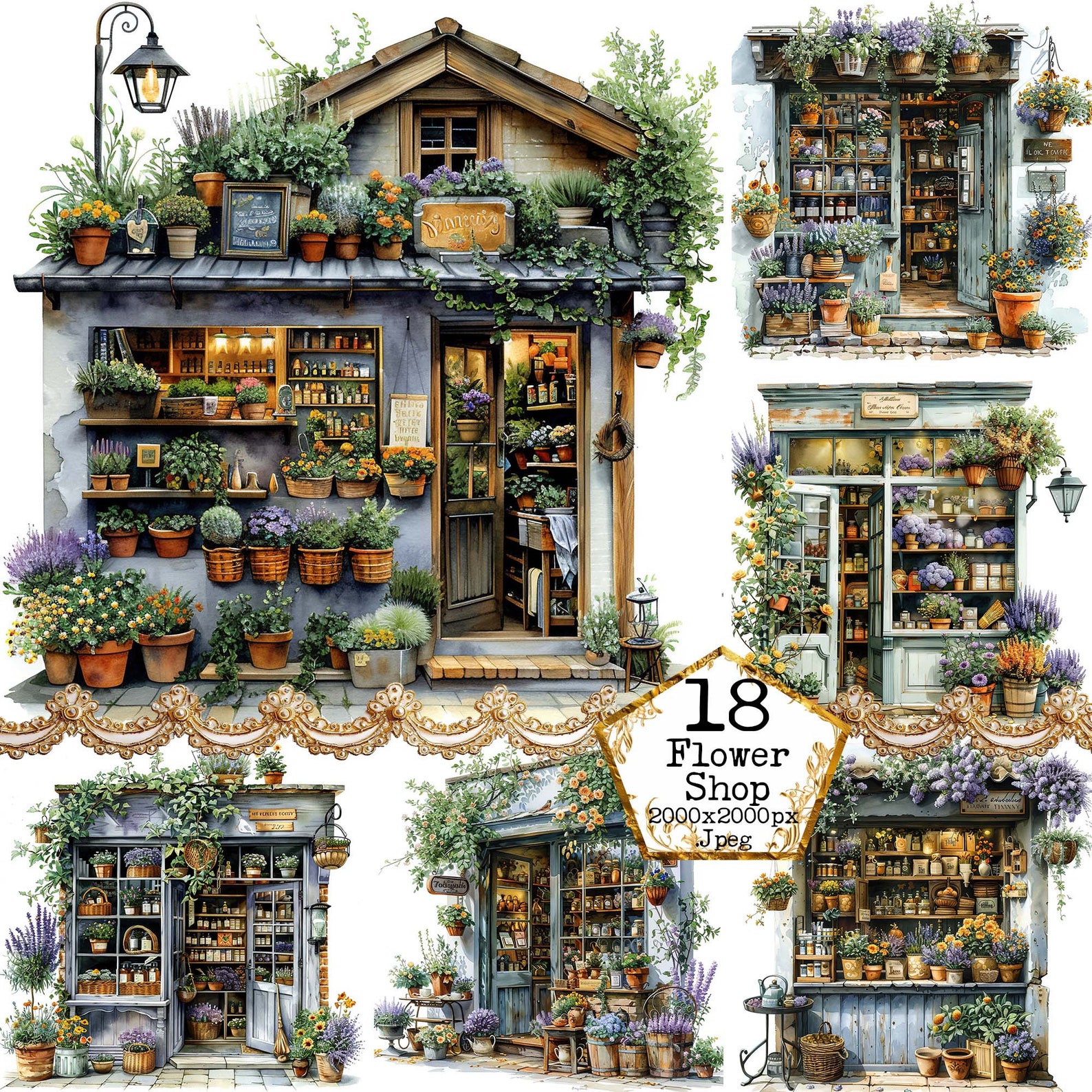 JPEG Watercolor Vintage Flower Shop Fronts JPEG Vintage Clipart Flower ...