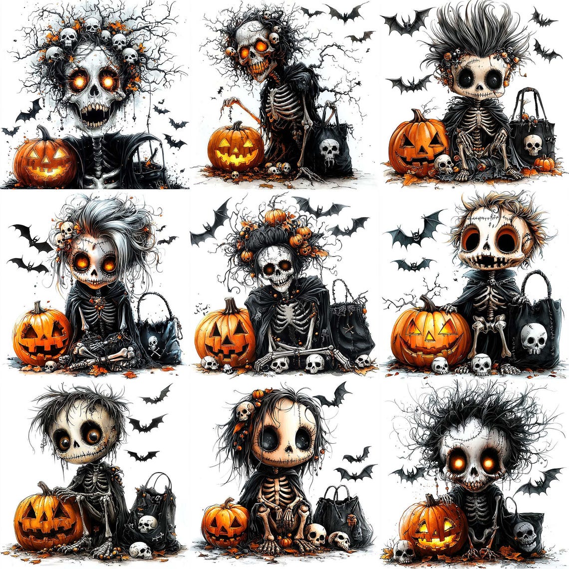 JPEG Spooky Whimsical Fashion Skeleton Girl Clipart Bundle Scary Girl ...