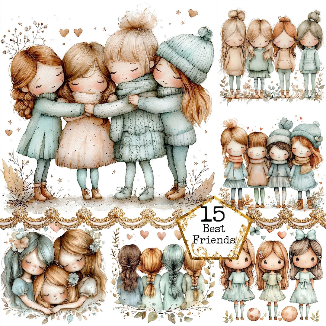 JPEG Watercolor Cute Little Girls Best Friends Clipart Bundle ...