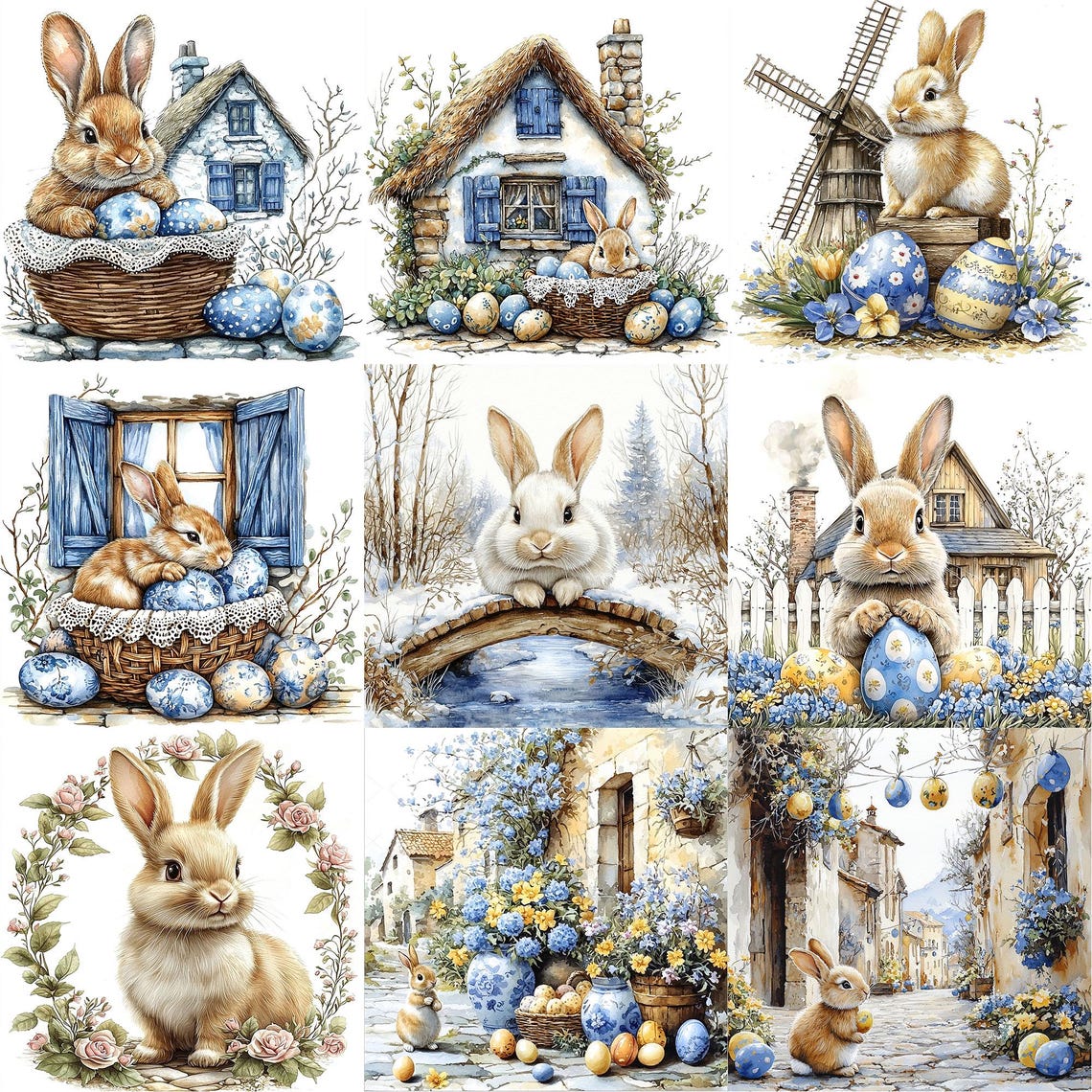 JPEG Watercolor Easter Bunny Scenes Clipart Bundle Big Collection ...