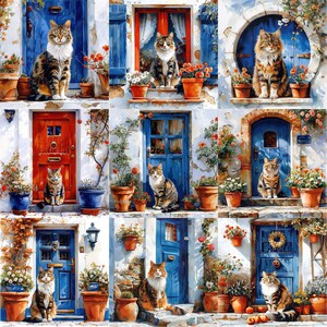 JPEG Watercolor Vintage Cottage Door and a Cat Illustration Cottagecore ...