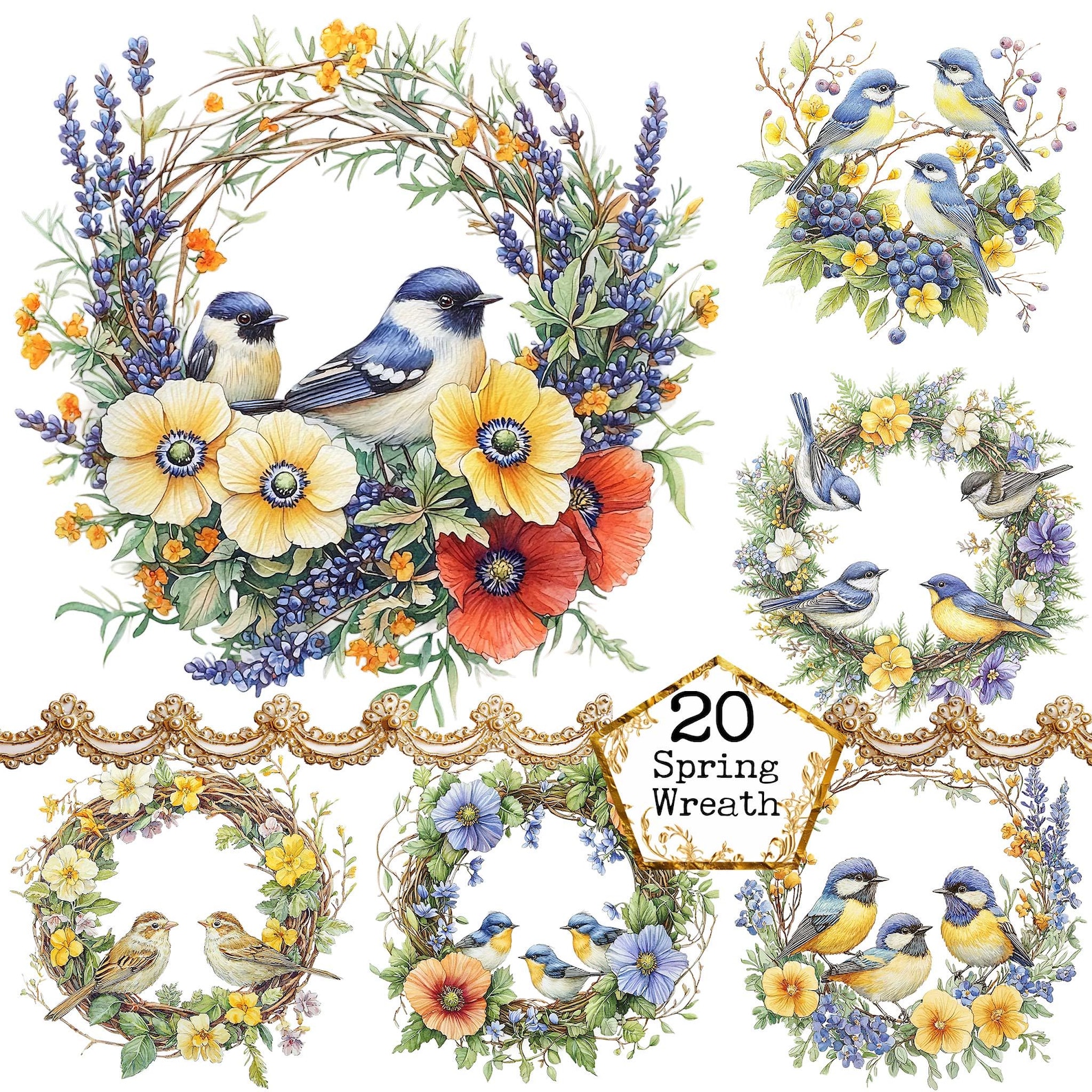 PNG + JPEG Watercolor Spring Wreath Clipart Bundle Spring Clipart ...