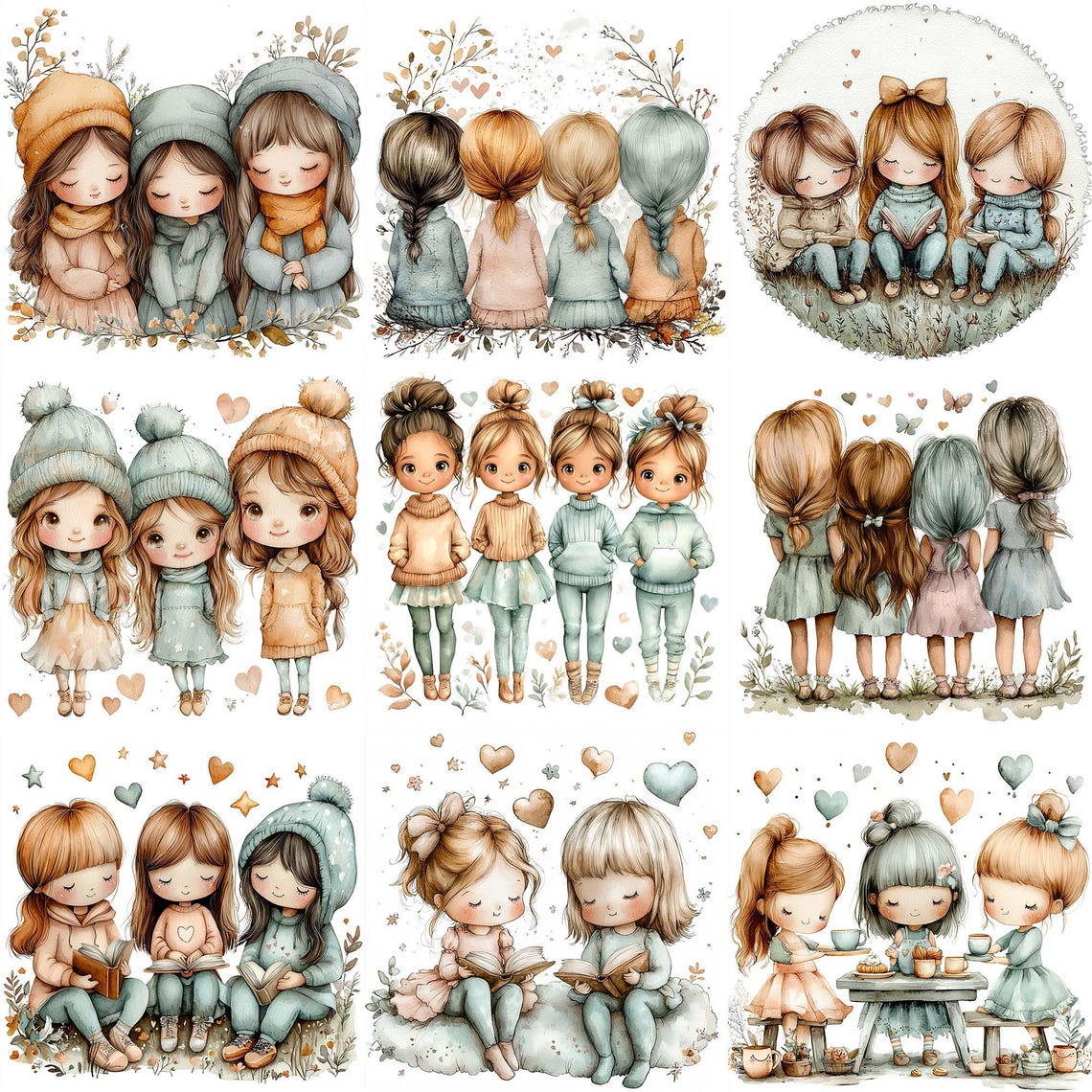 JPEG Watercolor Cute Little Girls Best Friends Clipart Bundle ...