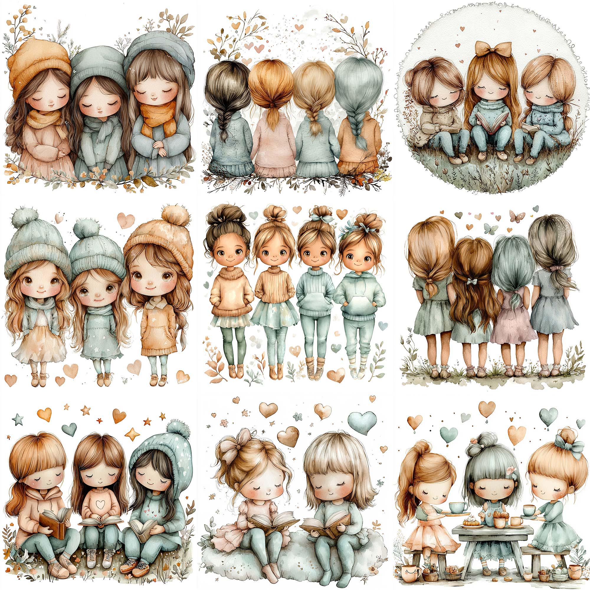 JPEG Watercolor Cute Little Girls Best Friends Clipart Bundle ...