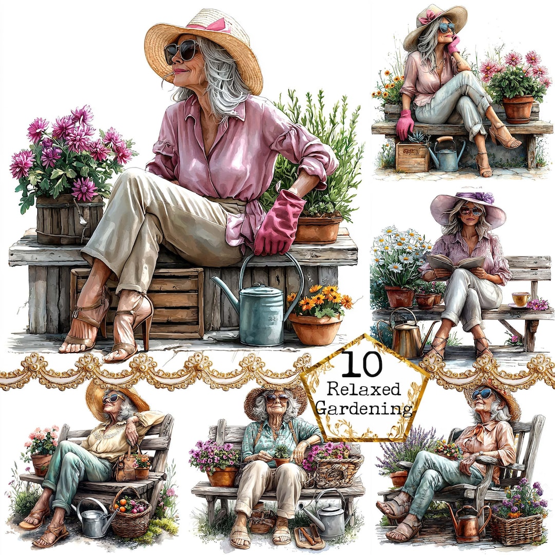 JPEG Senior Lady Gardening Clipart Bundle Garden Bench Watercolor ...