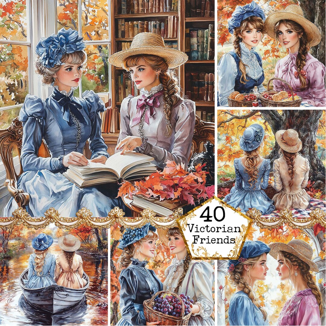 JPEG Watercolor Victorian Girls Best Friends Clipart Besties Friendship ...