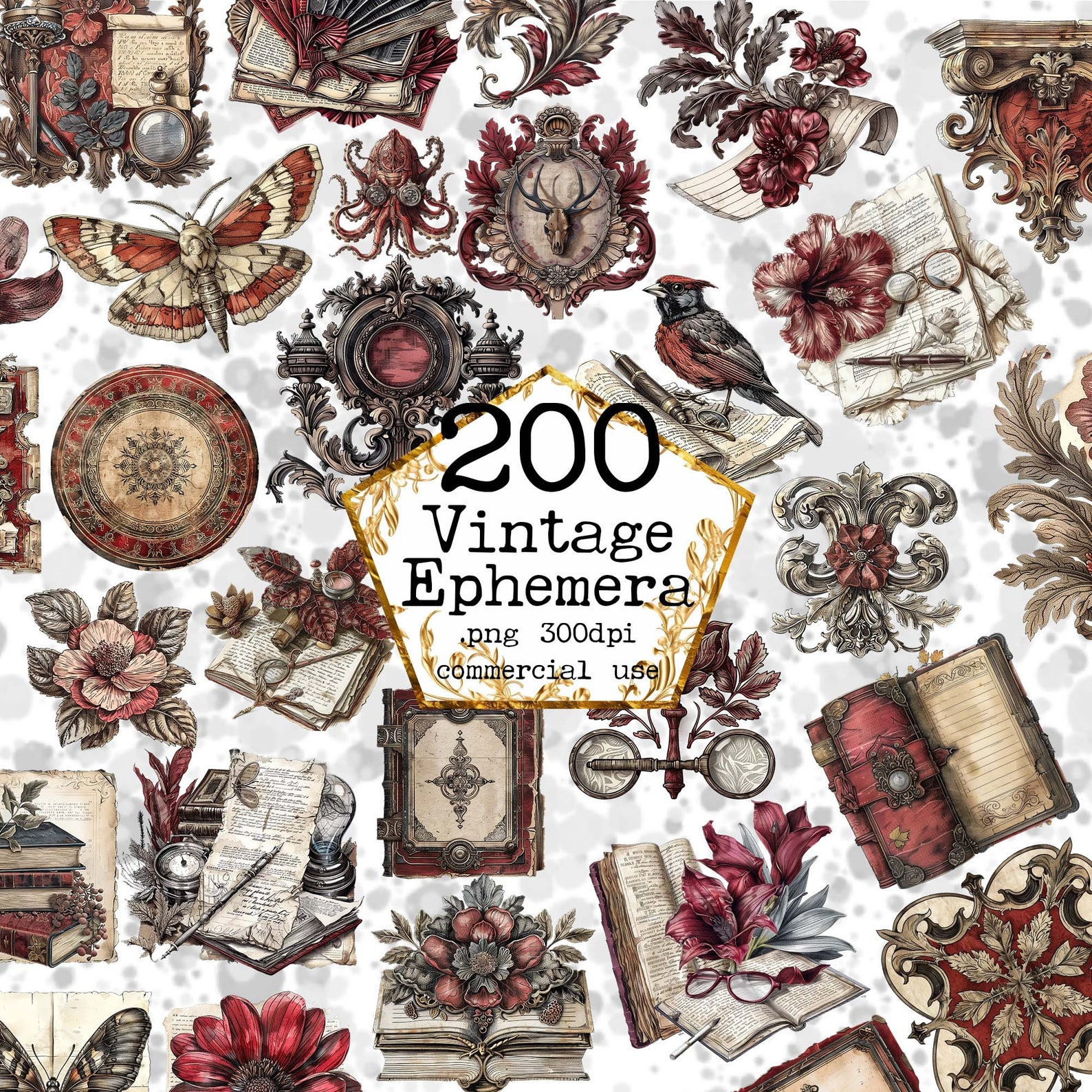 PNG BIG Vintage Ephemera Clipart Bundle Monochromatic Clipart ...