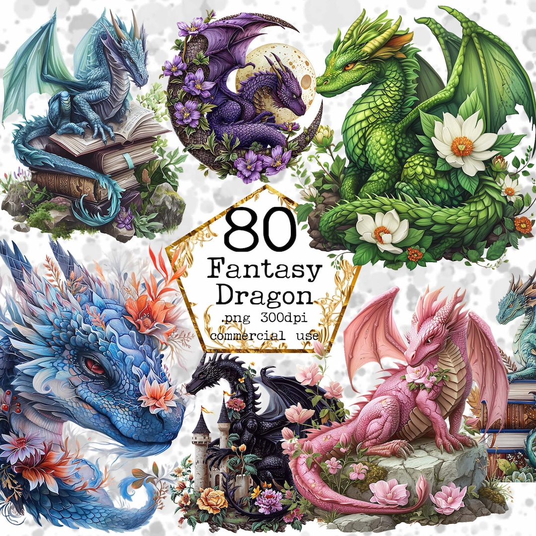 BIG BUND Dragons Watercolor Clipart, Fantasy Dragons PNG, Magical ...