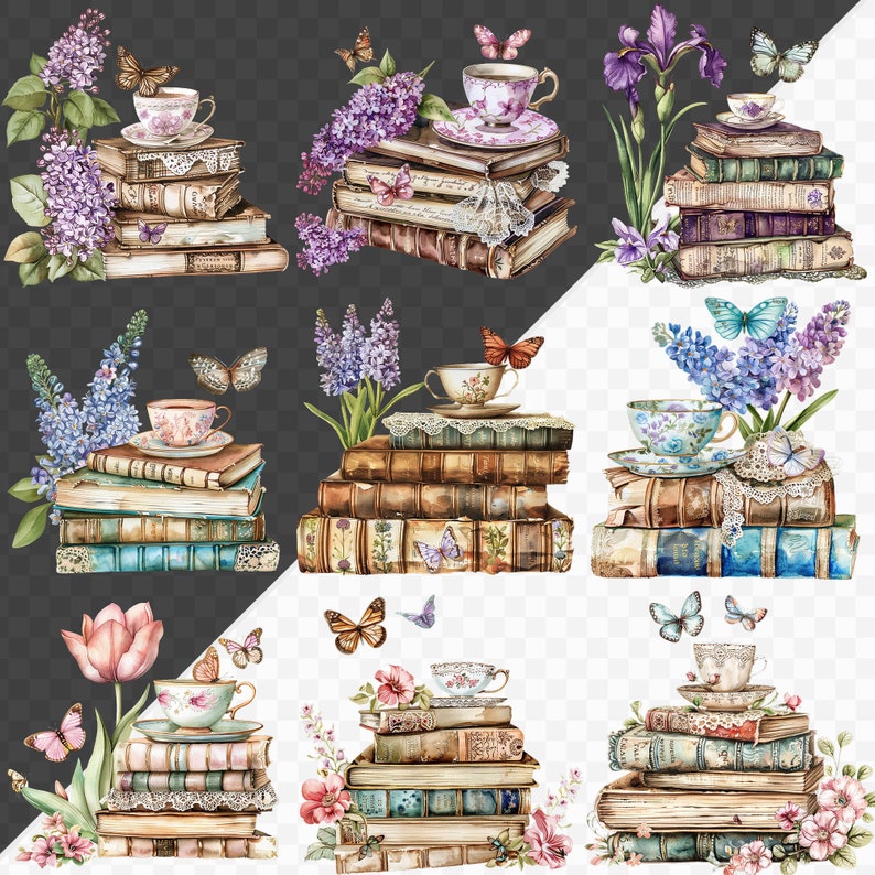 Watercolor Spring Flower Books Clipart Floral Antique Book Watercolor ...