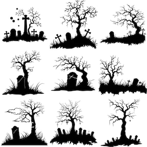 70 Graveyard Svg, Dxf, Eps, Ai, Pdf, Jpg, Png Spooky Graveyard Cemetery ...
