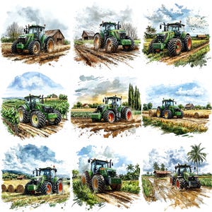 JPEG Watercolor Green Tractor Clipart Bundle Watercolor Farmland ...