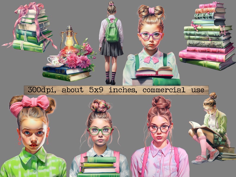 Watercolor Bookworm Clipart Set Fashion Girl PNG Digital - Etsy