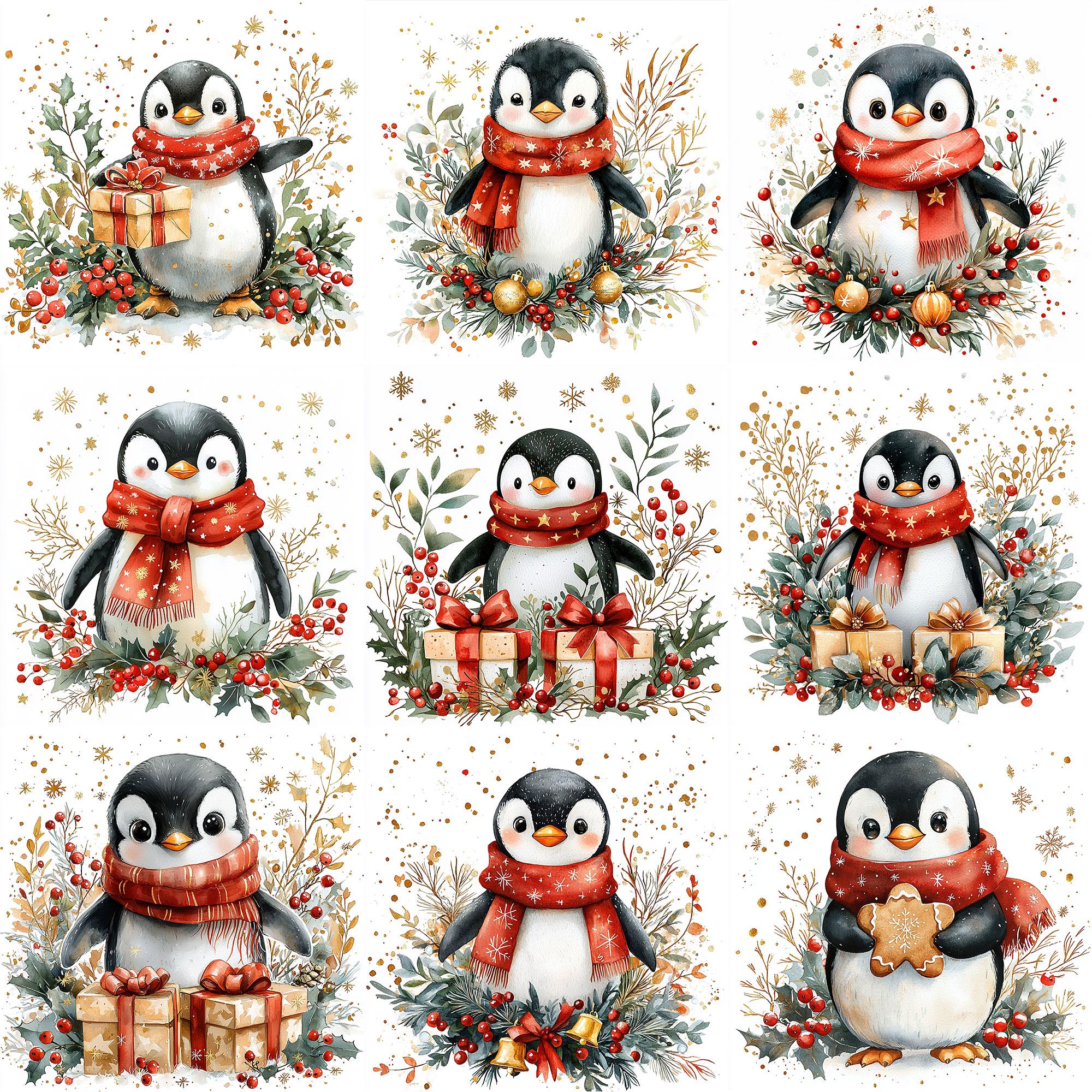JPEG Watercolor Christmas Penguin Clipart Bundle Festive Clipart ...