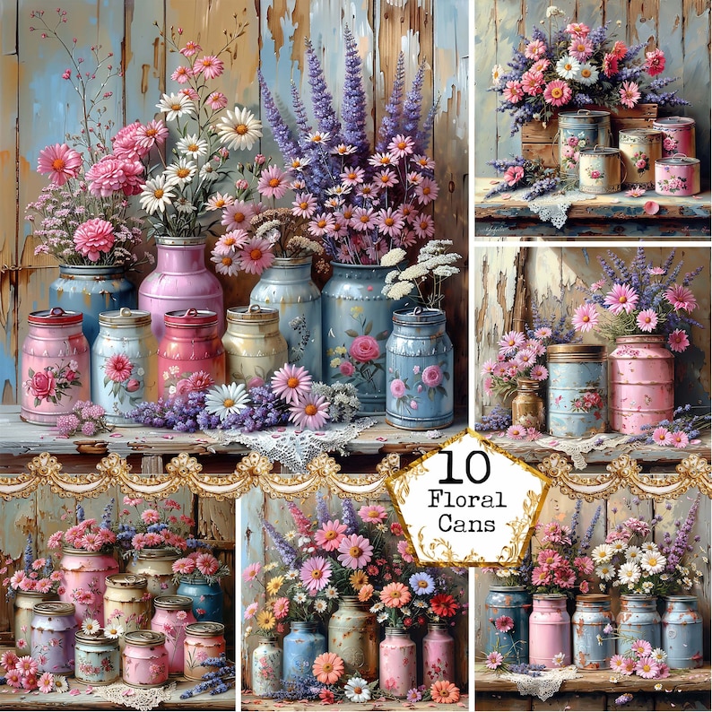 JPEG Shabby Chic Retro Cans and Flowers Clipart Bundle High Quality ...