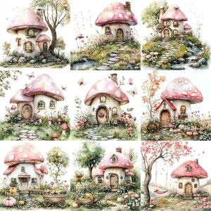 JPEG Watercolor Toadstool Clipart Bundle Pastel Pink Mushroom House ...