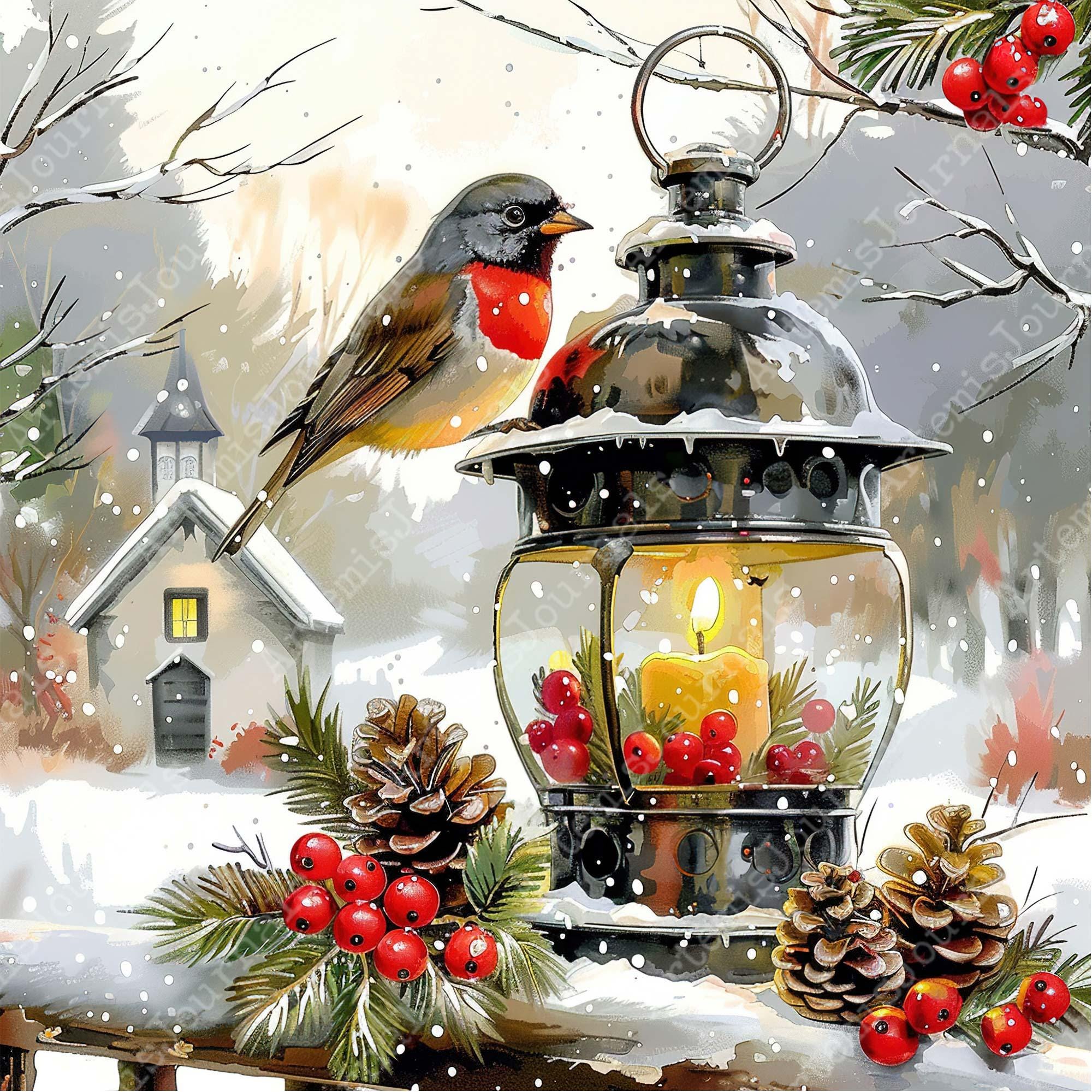 JPEG Watercolor Robin and Lantern Village Illustration Clipart Bundle ...