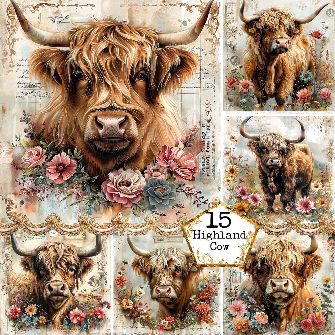 JPEG Highlander Flower Cow Junk Journal Papers Cottagecore Graphics Cow ...