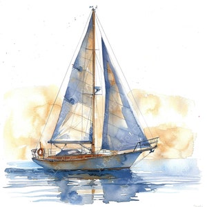 JPEG Watercolor Sailing Boat in the Sea JPEG Sailing Clipart Nautical ...