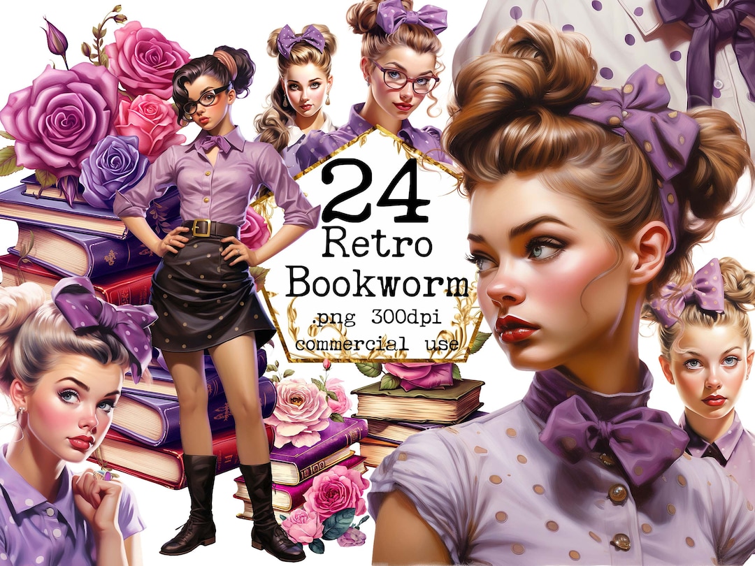 Retro Bookworm Clipart PNG Bundle '50s Transparent PNG Polka Dot ...