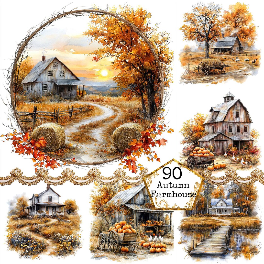 JPEG Autumn Farmhouse Clipart Bundle Instant Watercolor Clipart Fall ...
