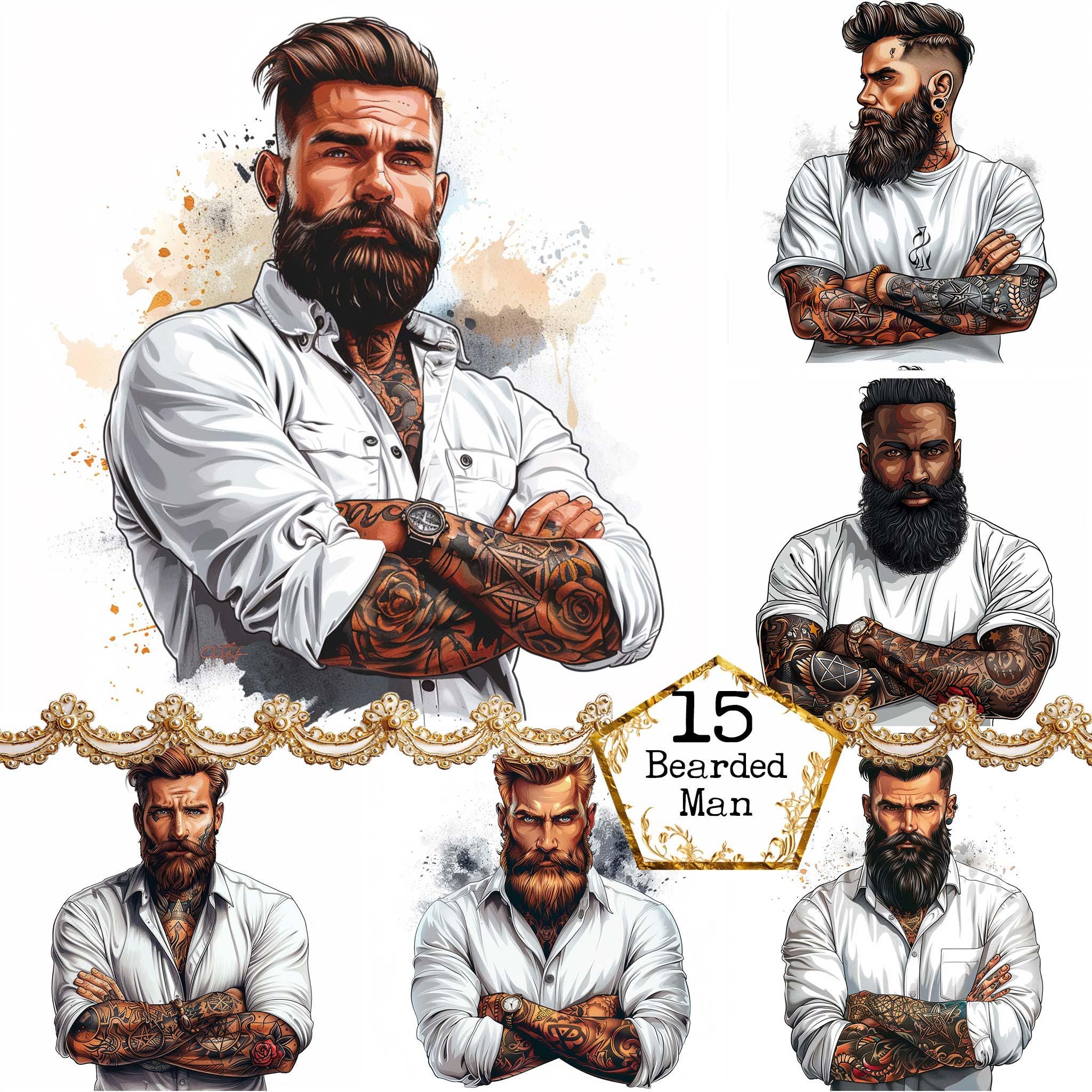 JPEG Man With Beard, Tattoos and White T-shirt Clipart Bundle Instant ...
