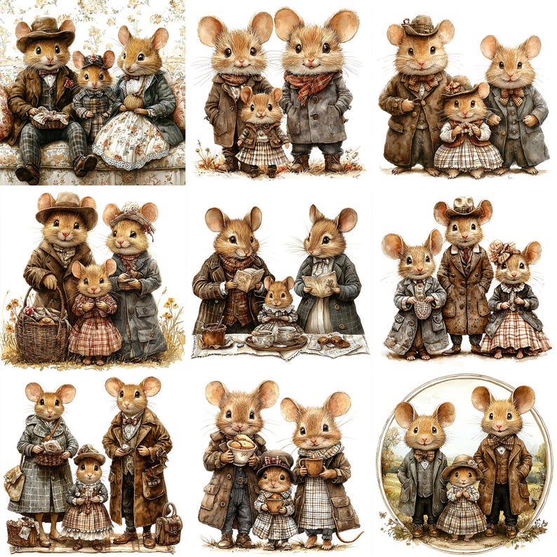 JPEG Vintage Mouse Family Clipart Bundle Cute City Mouses Victorian ...