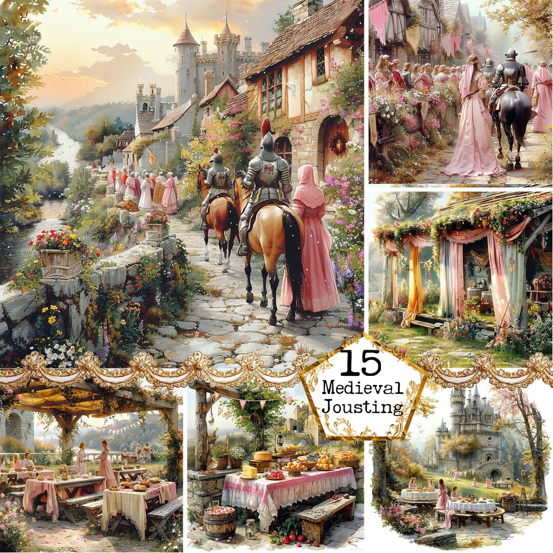 Watercolor Medieval Jousting Clipart Bundle JPEG Vintage Clipart ...