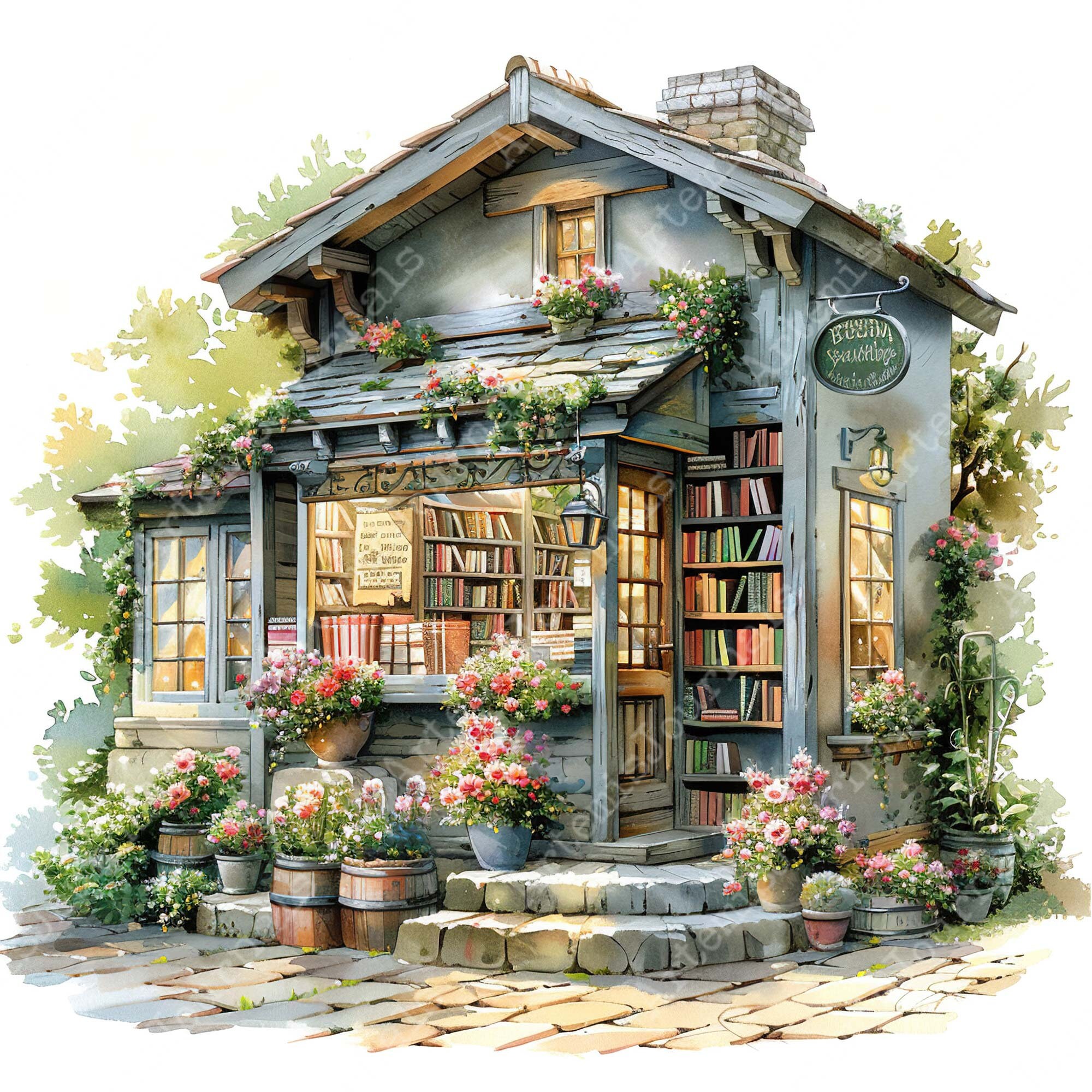 Watercolor Vintage Bookstore Fronts JPEG Instant Download Vintage Shop ...