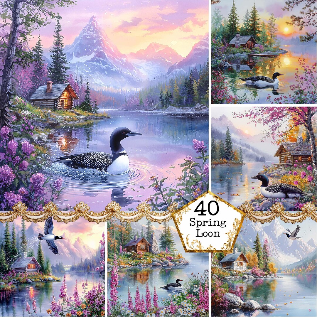JPEG Watercolor Loon Illustration Mountain Lake Graphics Hunting ...