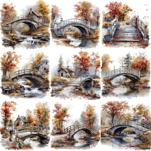 Watercolor Autumn Bridge Clipart Bundle JPEG Landscape Scenery Autumn ...