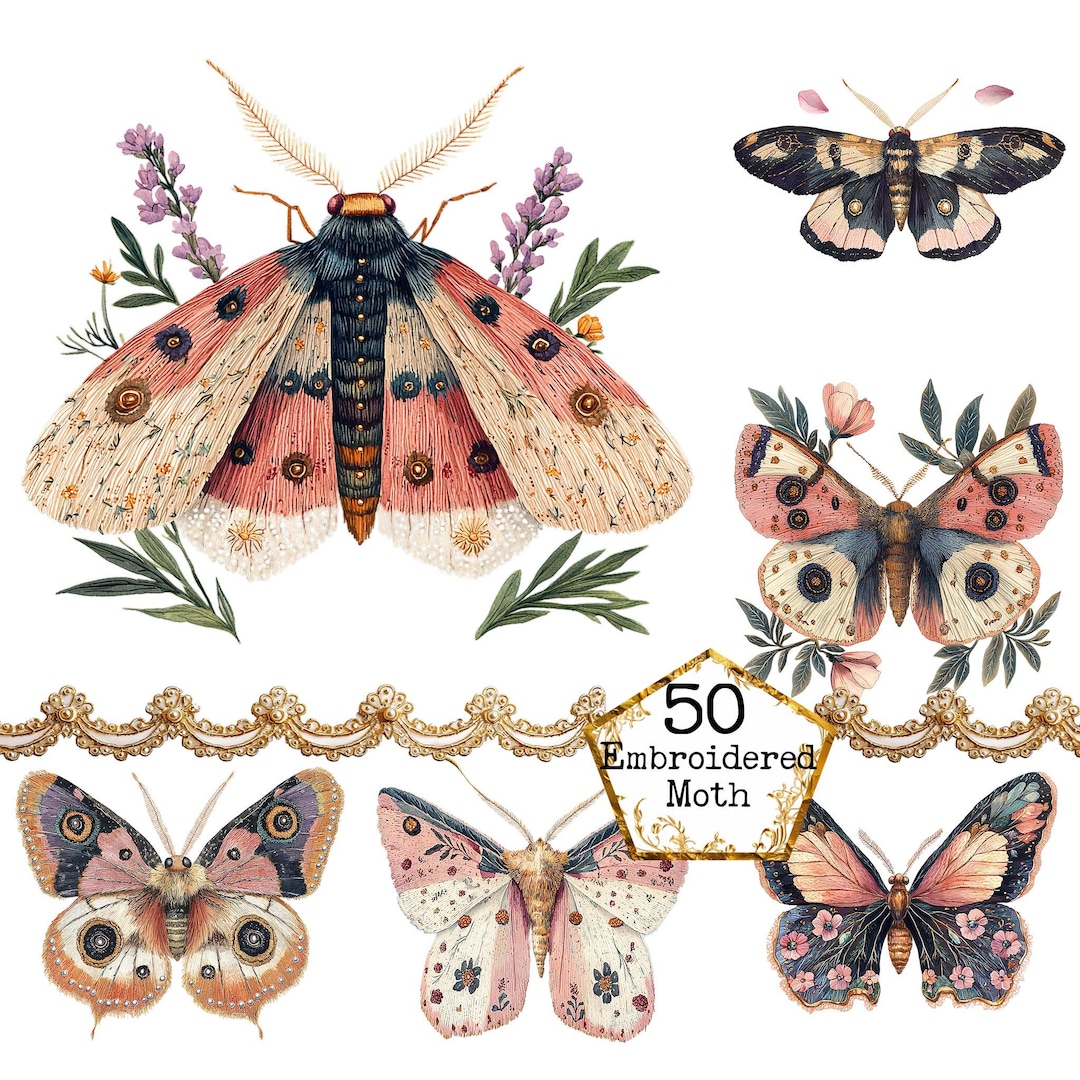 PNG + JPEG Watercolor Embroidered Moth Clipart Bundle Spring Clipart ...
