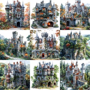 JPEG Watercolor Old Fantasy Castle Graphics Medieval Castle Clipart ...