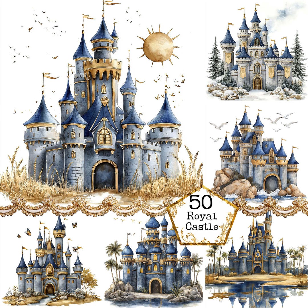 JPEG Watercolor Prince Castle Clipart Bundle Blue Castle Prince Nursery ...