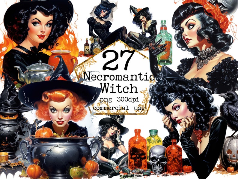 Retro Necromancer Witch Clipart PNG Bundle, '50s Transparent PNG ...