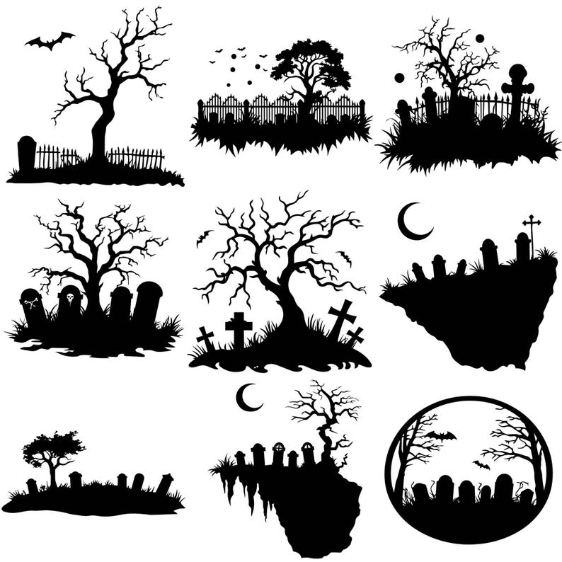 70 Graveyard Svg, Dxf, Eps, Ai, Pdf, Jpg, Png Spooky Graveyard Cemetery ...