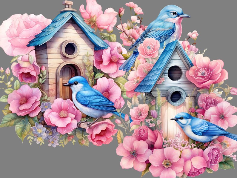 PNG Watercolor Birdhouse Clipart Bundle Bird Clipart Floral Bird ...