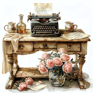 Cozy Desk With Vintage Typing Machine Clipart Bundle JPEG Commercial ...
