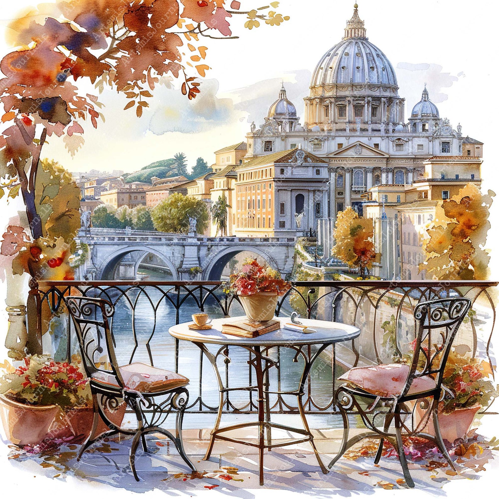 JPEG Rome Pink Floral View From Balcony Clipart Bundle Commercial Use ...