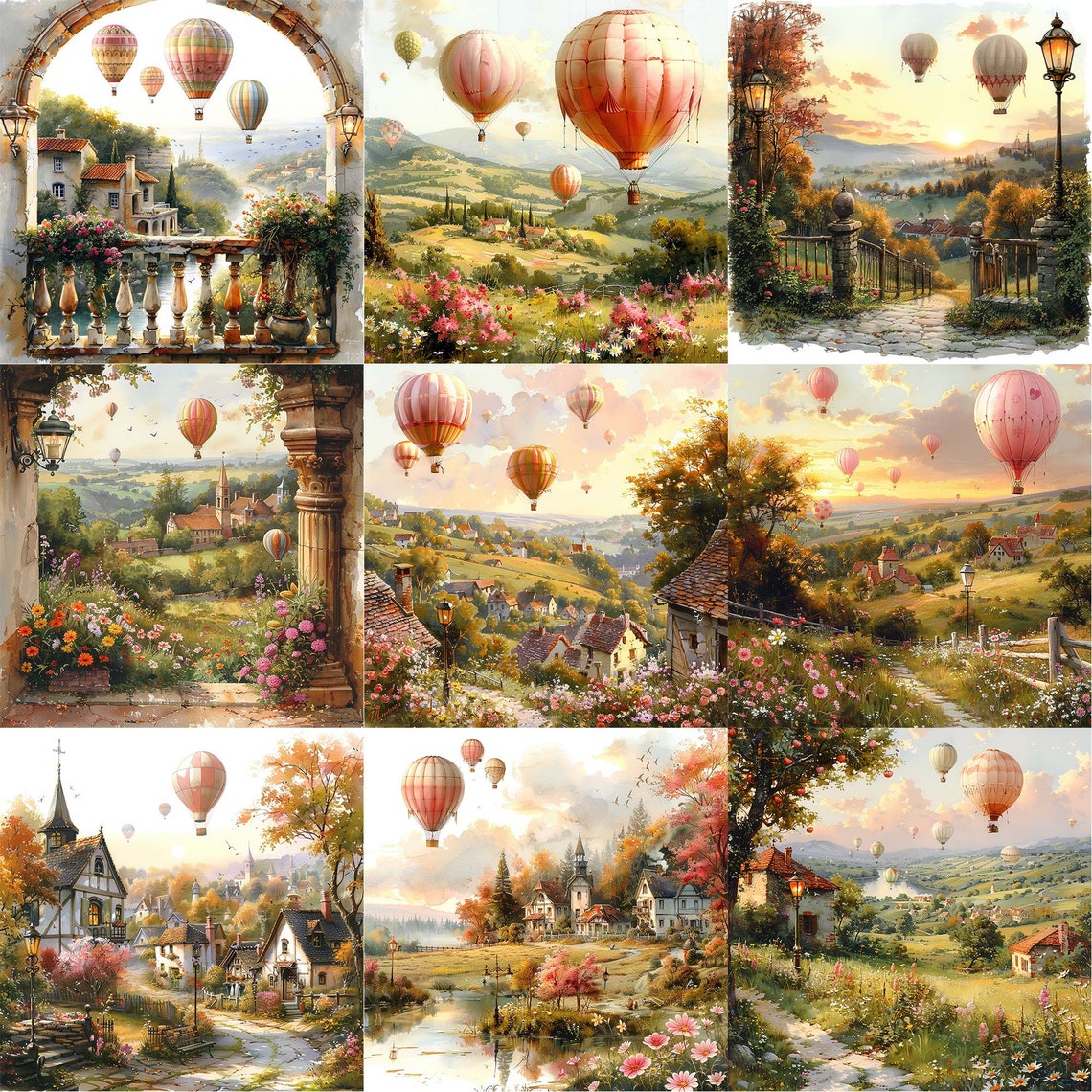 JPEG Shabby Chis Small Village and Air Balloons JPEG Instant Download ...