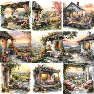 JPEG Watercolor Cottage Sunset JPEG Instant Download Balcony Clipart ...