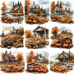 JPEG Watercolor Cottage Pumpkin Harvest JPEG Instant Download ...