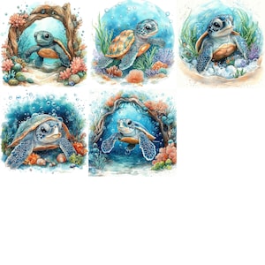 JPEG Watercolor Sea Turtle Clipart Bundle Coral Reef Ocean Clipart ...