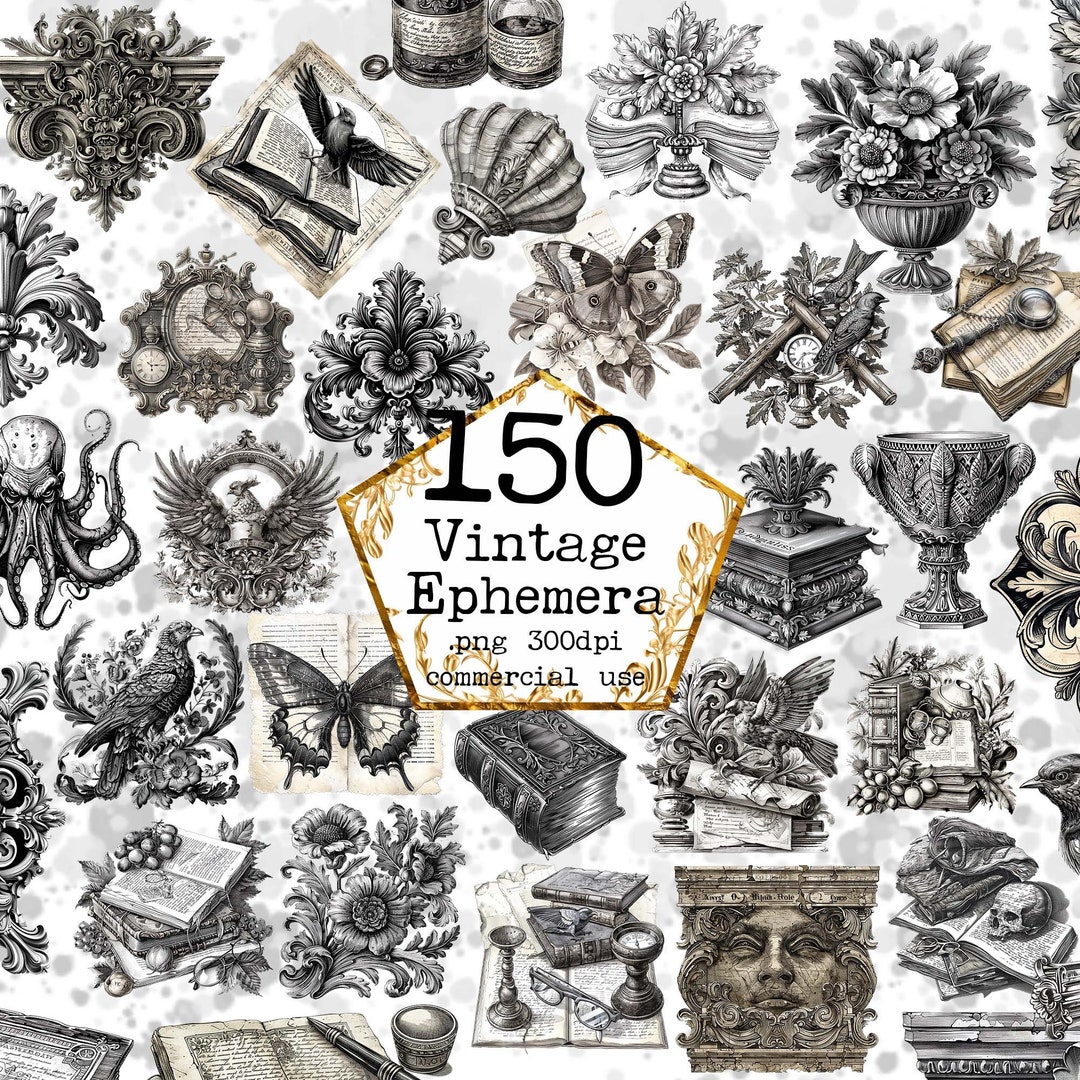 PNG BIG Vintage Ephemera Clipart Bundle Monochromatic Clipart ...